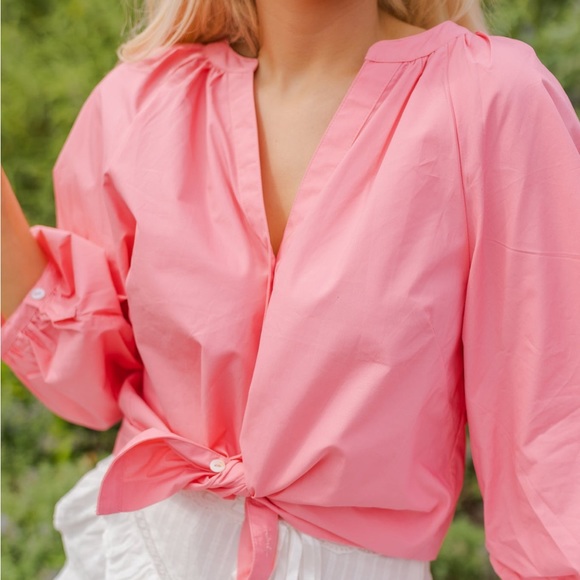 Karlie | Tops | Poplin Button Puff Sleeve Blouse In Pink | Poshmark